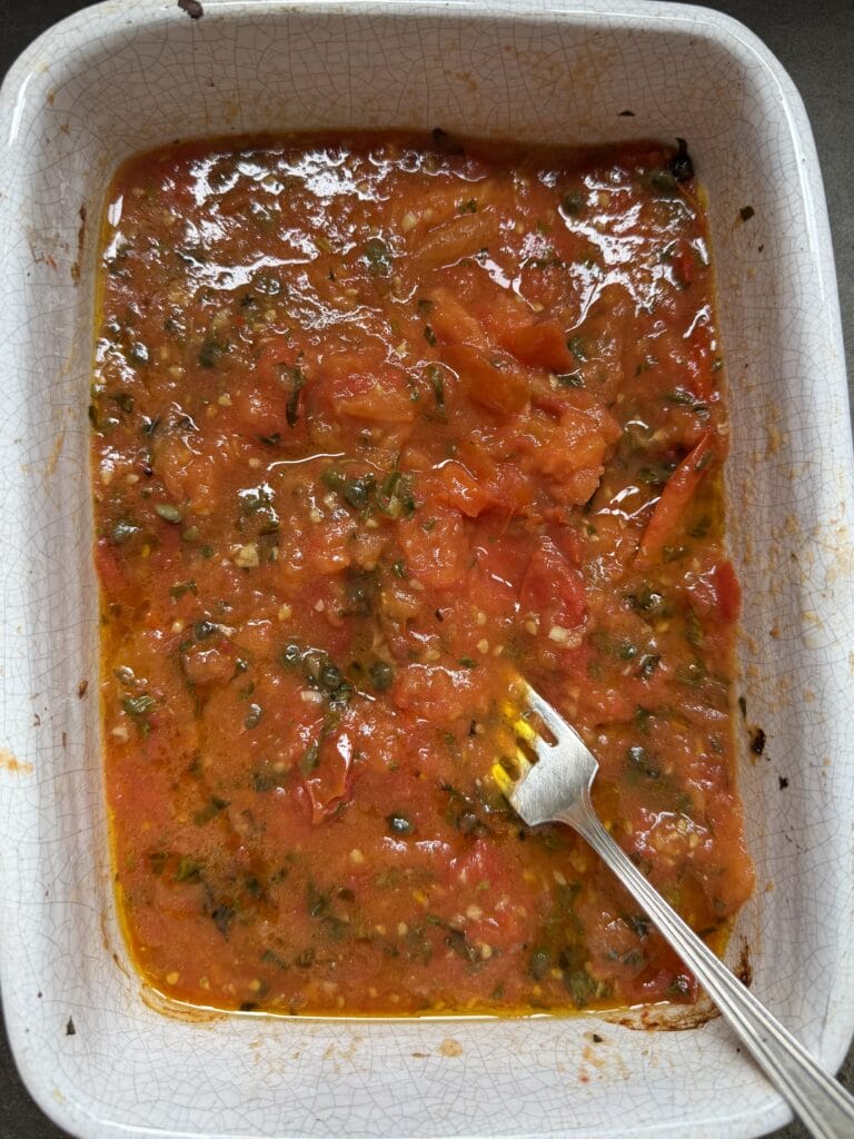 Spaghetti with Roasted and Smashed Tomato Sauce and White Beans
