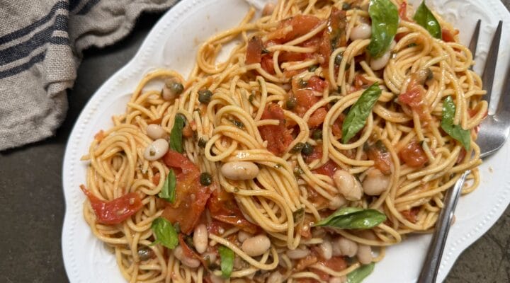Spaghetti with Roasted and Smashed Tomato Sauce and White Beans